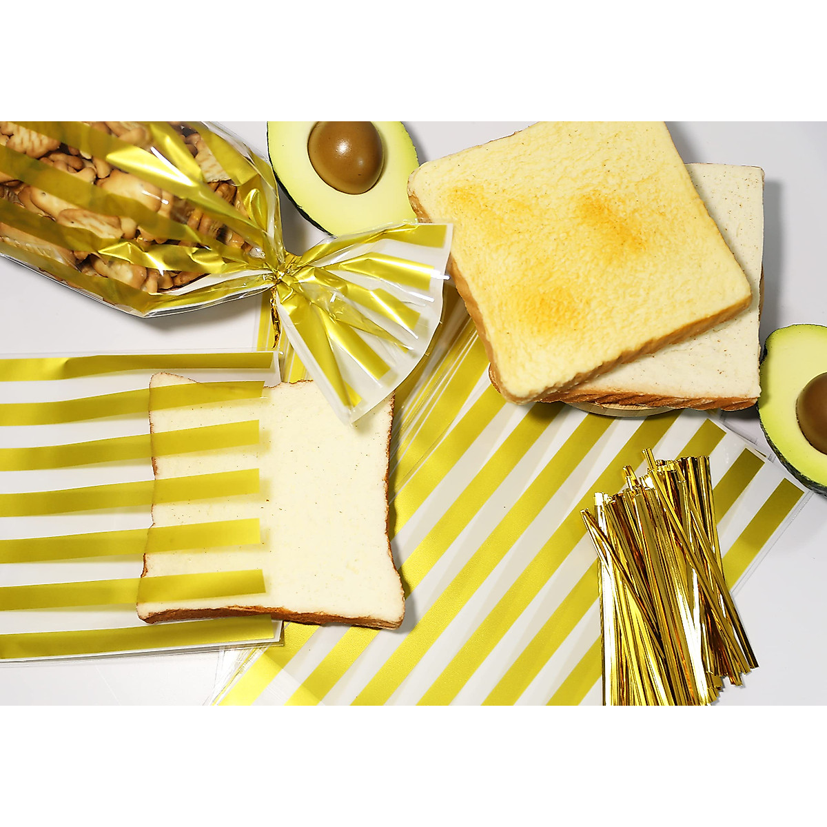 HOPEMT (200 pcs)100 pcs Gold Stripes Translucent Plastic Bags/Cellophane Bags with 100 pcs Gold Twist Ties for Cookie,Cake,Chocolate,Candy,Snack Wrapping Good for Bakery Party