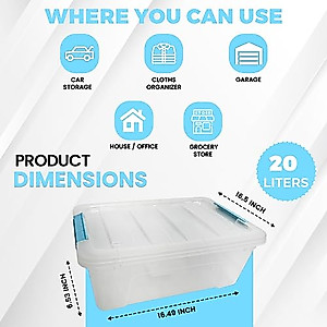 Doloni Storage Bin - 20 Liters - Plastic Storage Container Bin with Secure Lid and Latching Buckles, 12 PACK - Clear, Durable Stackable Nestable Organizing Tote Tub Box Toy General Organization Small