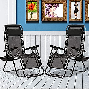 Outdoor Zero Gravity Chair 2 Pack, Folding Lounge Chair Recliners Indoor Outdoor Furniture Adjustable Camping Chair Backyard Chair Deluxe Loveseats w/Pillow and Cup Holder Tray, Black