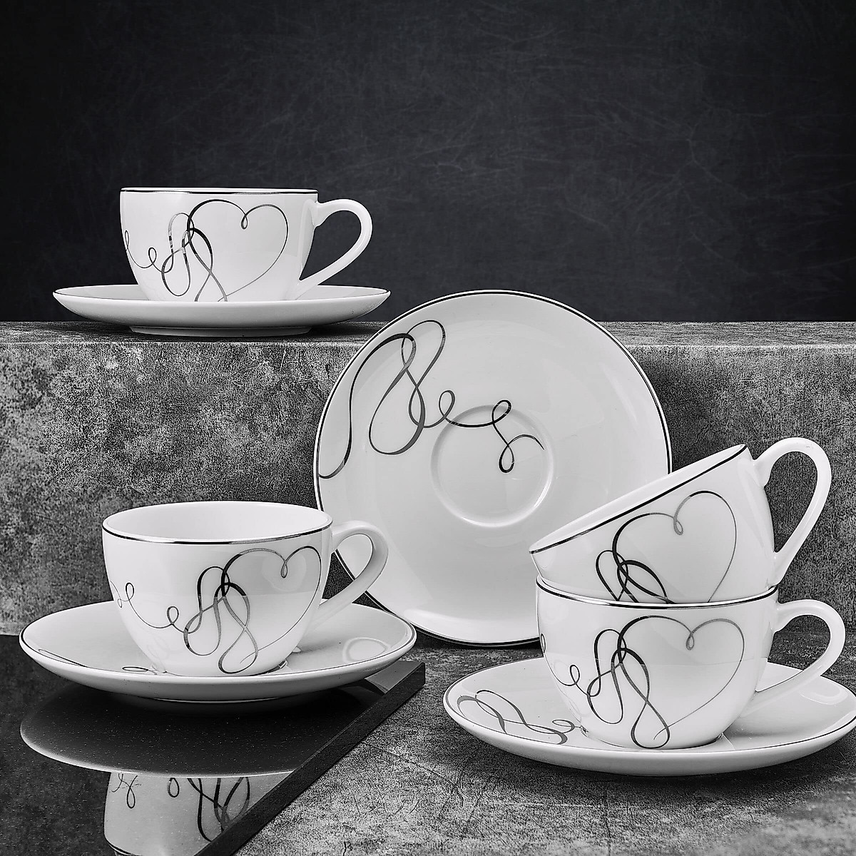 Mikasa Love Story Platinum Banded Teacup and Saucer Set, Set of 4, 9.6-Ounce, White