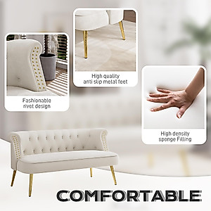 Nolohoo Loveseat Chesterfield Sofa with Gold Legs, Velvet Tufted Vintage Victorian Sofa 2 Seater Curved Mini Couch Rolled Arms, Comfy Love seat for Living Room, Bedroom, Cream White