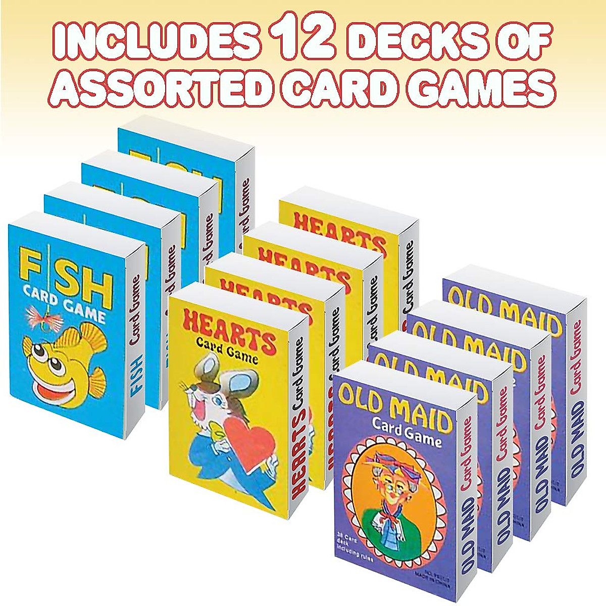 Gamie Classic Playing Card Game Set for Kids - 12 Decks - Includes Hearts, Go Fish, and Old Maid - Fun Educational Tool - Party Favor for Boys & Girls, Goody Bag Filler, Stocking Stuffer