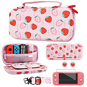 GLDRAM Strawberry Case for Nintendo Switch Lite, Pink Cute Travel Carrying Case for Switch Lite Accessories Bundle with Soft Protective Cover, Screen Protector, Thumb Caps & Shoulder Strap for Girls