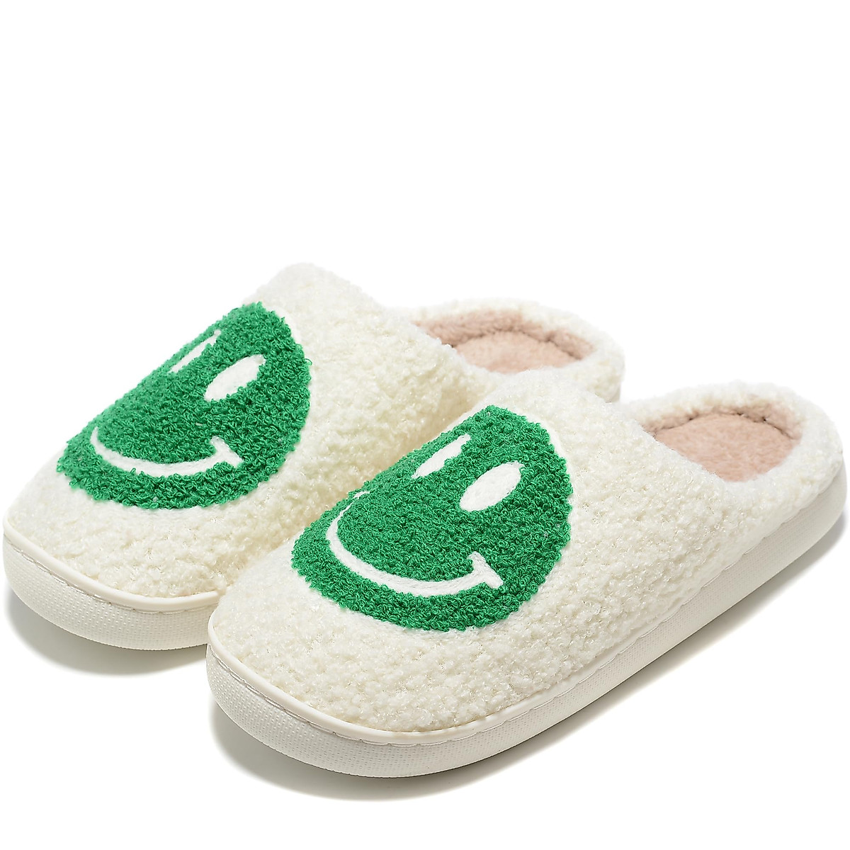 Retro Fuzzy Face Slippers Women Men Non-Slip Couple Style Casual Smiley Face Slippers Retro Soft Fluffy Warm Home Lightweight Slip-on Cute Cozy Indoor Outdoor Memory Foam Face Slippers (Green, 7.5)