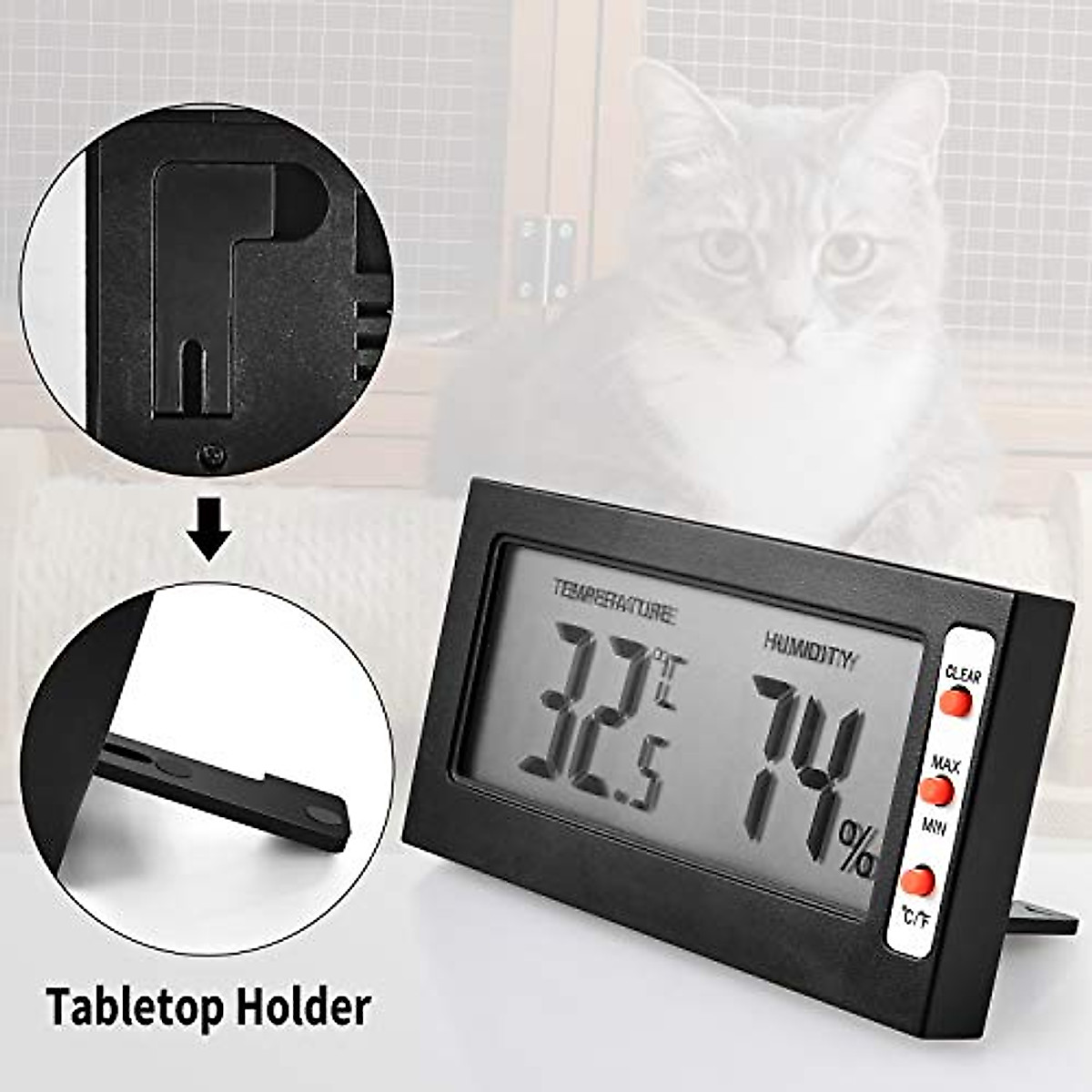 Simple Deluxe Digital Thermometer and Hygrometer with Humidity Probe for Reptile Tank/Egg Incubator Easy to Read, Thermo&Hygro Meter, Black