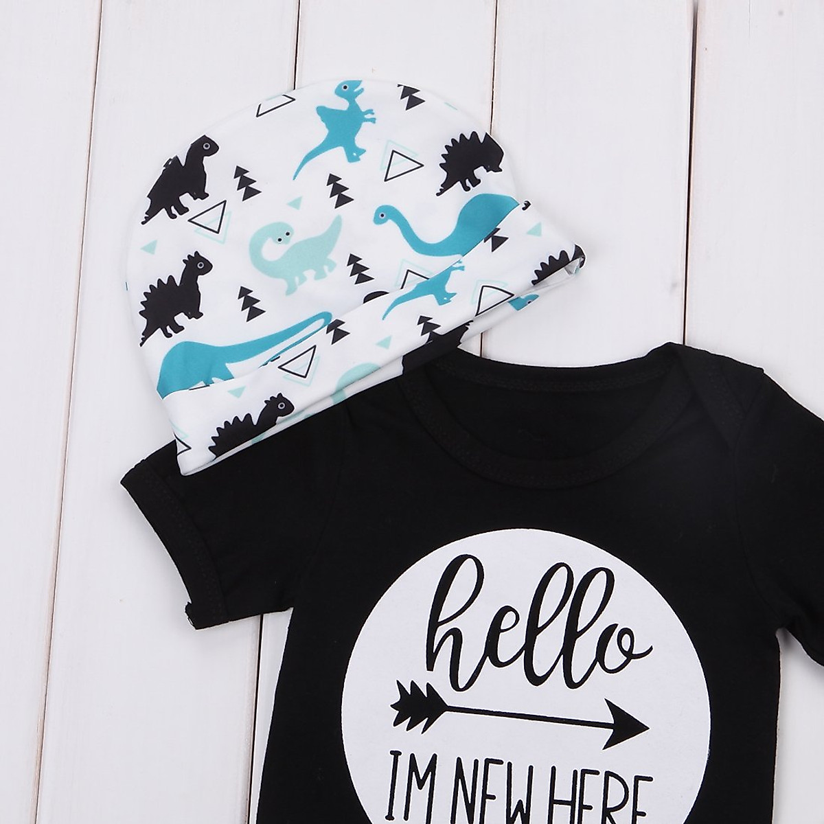 Hello Im New Here Infant Baby Boy Dinosaur Outfit Romper Pant Hat Clothes Set (0-3 Months, Black+White)