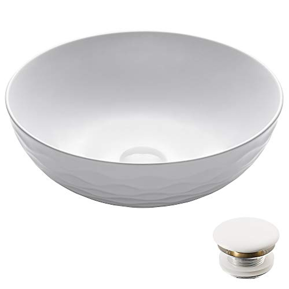 KRAUS Viva™ Round White Porcelain Ceramic Vessel Bathroom Sink with Pop-Up Drain, 16 1/2 in. D x 5 1/2 in. H, KCV-200GWH