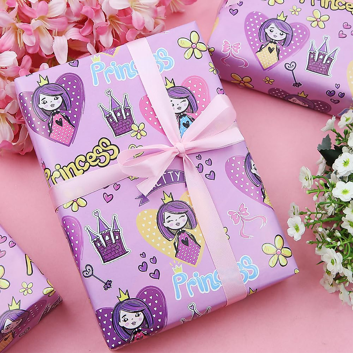 Princess Birthday Wrapping Paper for Girls Kids Baby Child, Lovely Pink Princess Castle Theme Gift Wrapping Paper for Birthday Baby Shower with Pink Ribbon 4 Sheets Folded Flat