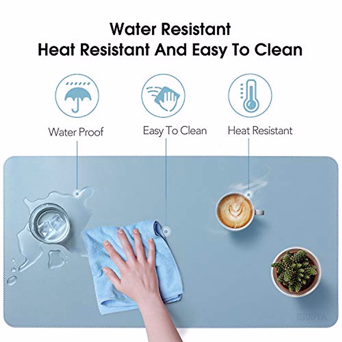 Dual-Sided Desk Pad Office Desk Mat, EMINTA Ultra Thin Waterproof PU Leather Mouse Pad Desk Blotter Protector, Desk Writing Mat for Office/Home (Light Blue/Silver, 31.5" x 15.7")