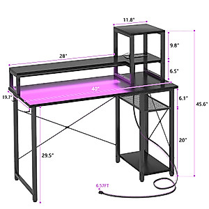 armocity 2024 Upgrade Gaming Desk with LED Lights, Small Computer Desk with Long Monitor Stand, 40'' Reversible Laptop Table with Storage Shelves, Small Desk for Small Spaces, Gaming Room, Black