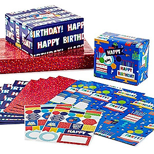 Hallmark Flat Birthday Wrapping Paper Sheets with Cutlines on Reverse (12 Folded Sheets with Sticker Seals) Happy Birthday, Red Confetti, Blue with Cakes
