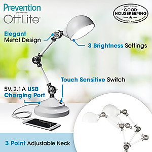 OttLite Pharmacy Adjustable LED Desk Lamp with USB Charging, Prevention Series - Designed to Reduce Eyestrain, 3-Point Adjustable Neck, 3 Brightness Settings with Touch Controls - Office Work, Reading