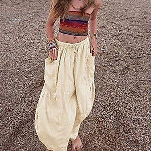 Hixiaohe Women's Casual Cotton Linen Lantern Pants Baggy Elastic Waist Drawstring Pleated Relax Fit Trousers with Pockets(Apricot,XL)