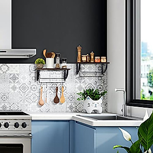 LAVIEVERT Floating Shelves Wall Mounted, Rustic Wood Shelves with 2 Towel Bars and 12 Removable Hooks, Decor Storage Shelves for Bedroom, Living Room, Bathroom, Kitchen, Office - Set of 2