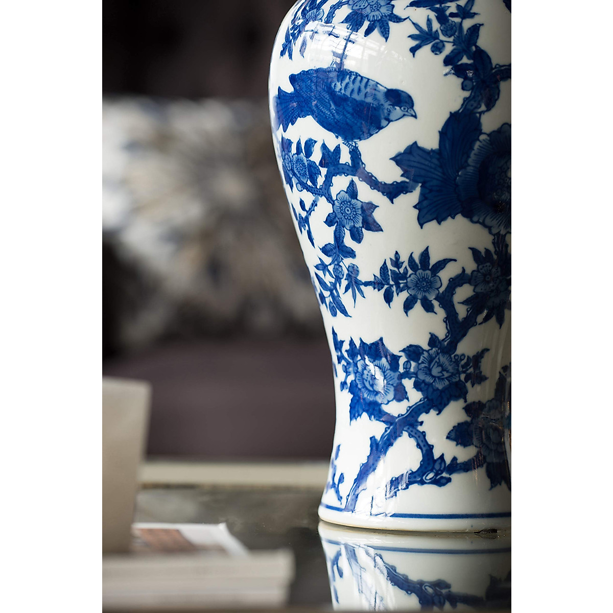 A&B Home 13'' Blue White Porcelain Jar Flower Planter Pot Home Decor Vase Hand Painted Floral Print Tall Vase Asian Decorations
