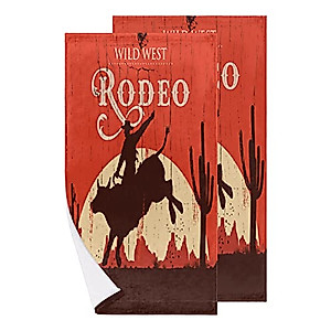 Pardick Wild West Rodeo Hand Towel Set of 2, Bath Towels Face Towels Cowboy Horse Sunset Saguaro Desert Super Soft Washcloth for Bathroom Kitchen Gym
