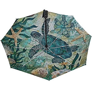 Wamika Vintage Ocean Turtle Umbrella Automatic Open Close Sea Starfish World Map Anti-UV Umbrellas Compact Windproof Lightweight Parasol Umbrella for Travel Car School Sun & Rain