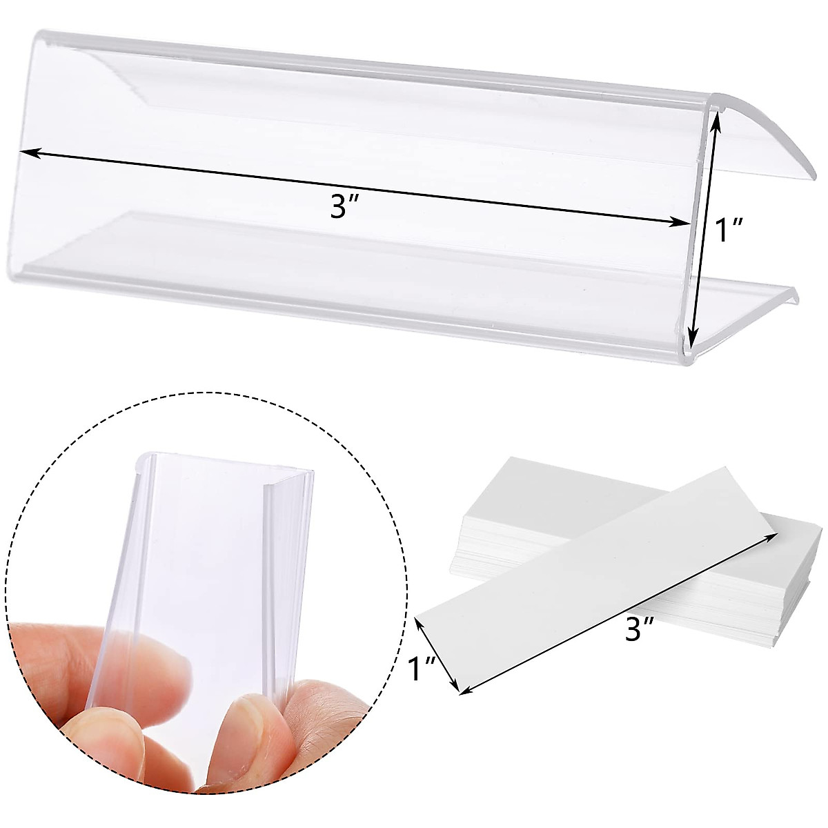 Hedume 100 Pcs Plastic Label Holder with 100 Pcs Label Inserts, 3" L x1" H Clear Plastic Shelf Label Holder, Shelf Sign and Ticket Holder, Clips On to Shelves 5/8" to 3/4" Thick