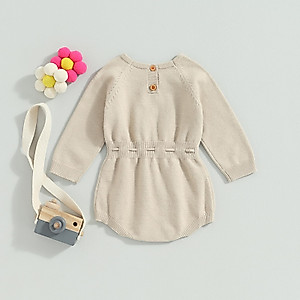 ZAXARRA Baby Girl Sweater Romper Baby Girl Knit Sweater Embroidery Flower Sweatshirt Romper Infant Fall Clothes (Apricot, 0-6 Months)