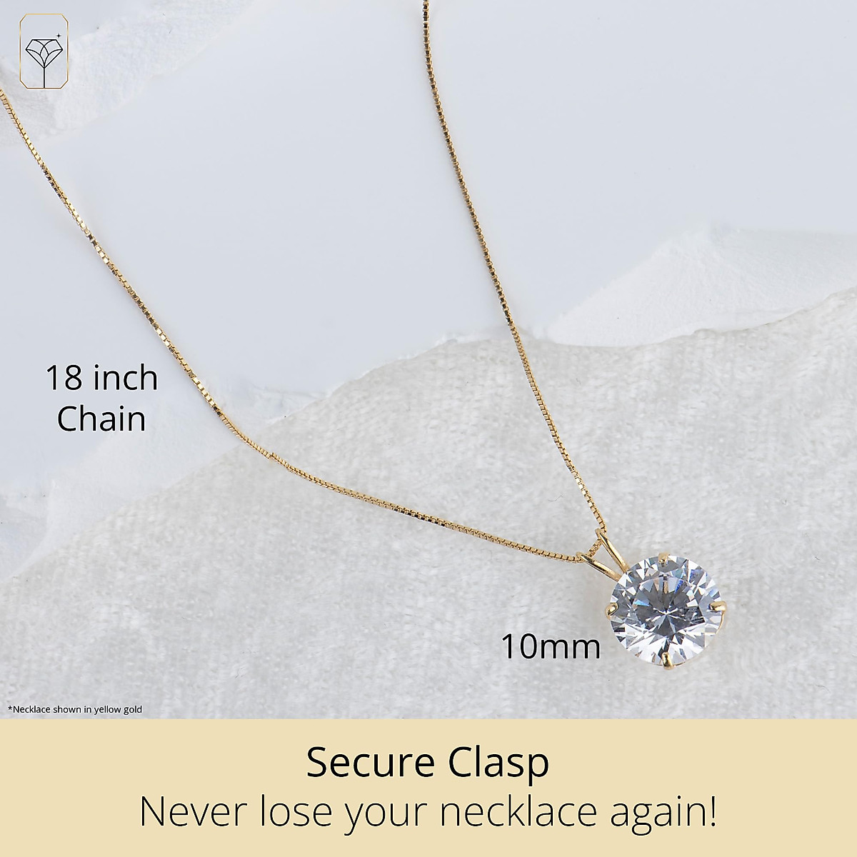 MAX + STONE 14k Yellow Gold 10mm Round Solitaire Cubic Zirconia Pendant Necklace for Women with 18 Inch Box Chain