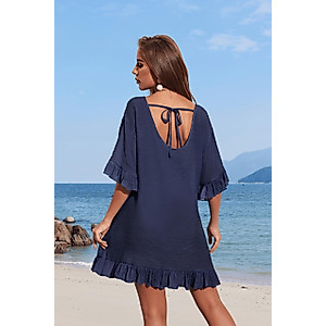 Ekouaer Women Cover-Up Dresses for Swimwear Ruffle Sleeves Beachwear Sexy V Neck Bikini Bathing Suit Coverups (Navy, Medium)