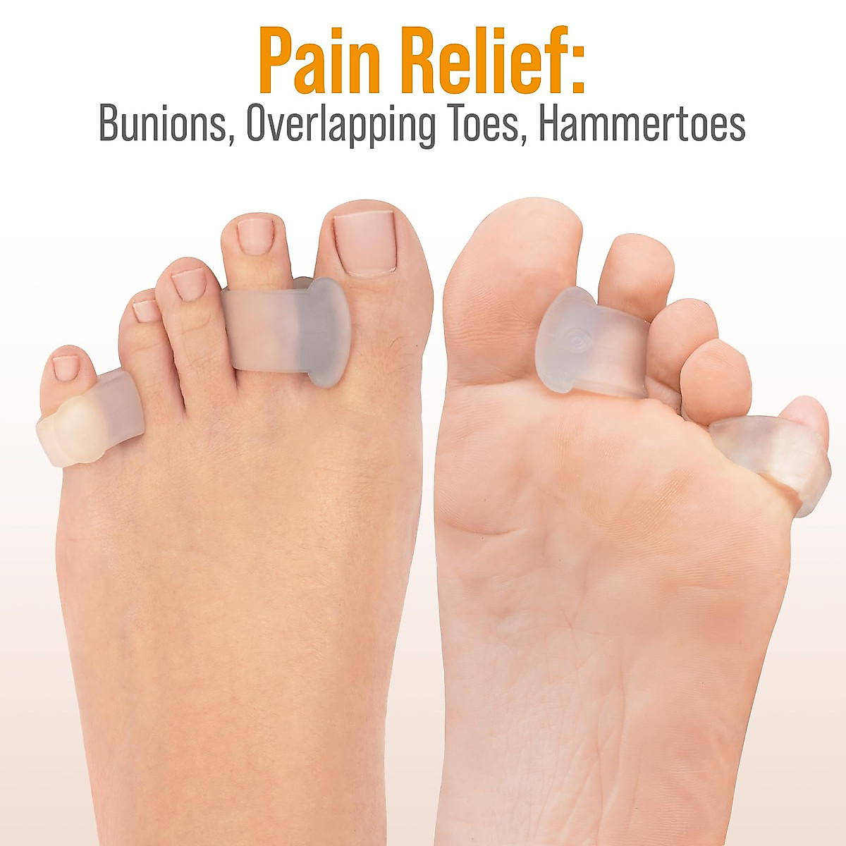 5 STARS UNITED Toe Spacers for Men and Women – 4 Gel Toe Separators for Curled and Overlapping Toes, Bunions, Hammer Toe Straightener, Big and Second Toe Spreader - White