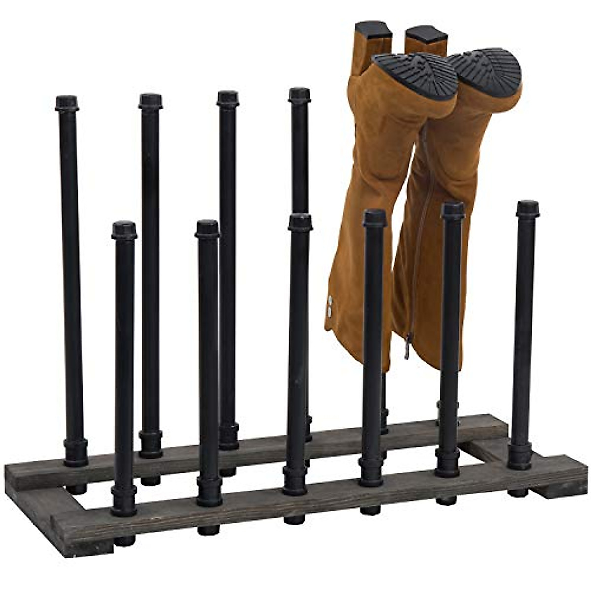 MyGift Industrial Black Metal Pipe Free Standing Boot Rack Stand with Rustic Gray Solid Wood Base, Entryway Boot Rack Organizer Tall Boots, Holds 6 Pairs