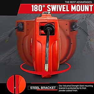 REELWORKS Air Hose Reel Retractable 1/4" Inch x 33’ Feet Premium Water Flex Hybrid Polymer Hose Max 180 PSI Heavy Duty Polypropylene Case Construction Industrial Spring Driven