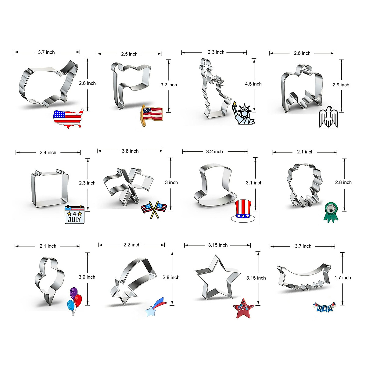 4th of July Cookie Cutter Set 12-Piece Top Hat, Flag, American Eagle, Statue of Libergy, USA Map, Shooting Star, Banner, Star, Badge, Balloon, Calendar Shaped Patriotic Independence Day Cookie Cutters