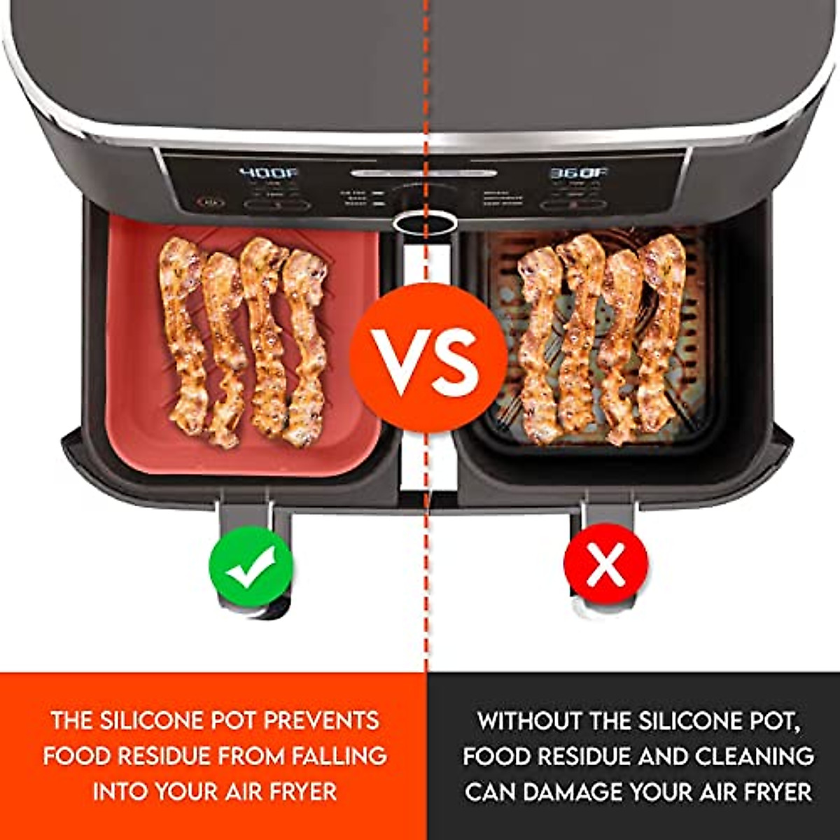 2pcs Silicone Air Fryer Liners, Air Fryer Silicone Liner Reusable - Food Safe Non Stick Air Fryer Basket Accessories Replacement Baking Tray for Ninja Dual Dz201 Dualzone - Easy Cleaning (Orange)