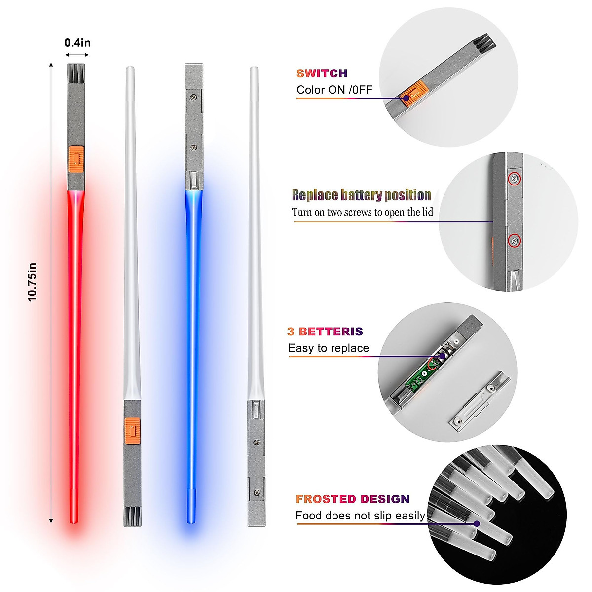 JAVOCO Chopsticks Chopsticks Light Up, LED Glowing Light Saber Chop Sticks, Mini Lightsaber, Cool Chopsticks, Light Saber Chopsticks, Led Chopsticks 2pairs(red&blue)