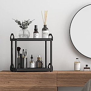 Black 2-Tier Bathroom Countertop Organizer for Skincare, Cosmetic, Perfume, and Toiletries - Vanity Tray with Non-Slip Foot Pads for Kitchen Spice Storage Shelf