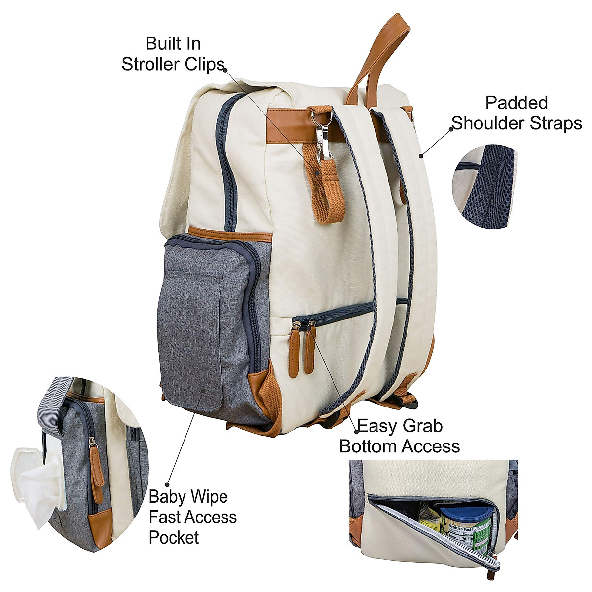 Cutie Carry Diaper Bag Backpack with Baby Pad Insulated Pocket Stroller Straps Wipe Dispenser Padded Shoulder Large Fashion Bags Dad or Mom Grey Cream