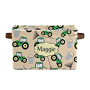 Personalized Tractor Truck Pattern Farm Equipment Storage Basket Bin with Name Large Storage Cube Box with Handles for Home Office Bedroom Closet Shelves(2 Pack)
