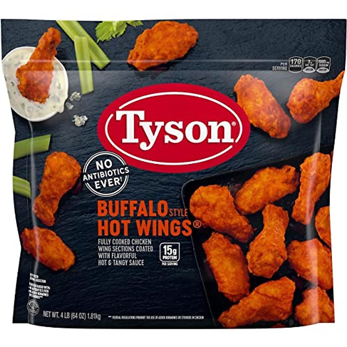 Tyson Fully Cooked Buffalo Style Bone-In Chicken Wings, with Flavorful Hot and Tangy Sauce - 15g Protein Per Serving - 4 Pack (64 oz Each) - Ready Set Gourmet Donate a Meal Program