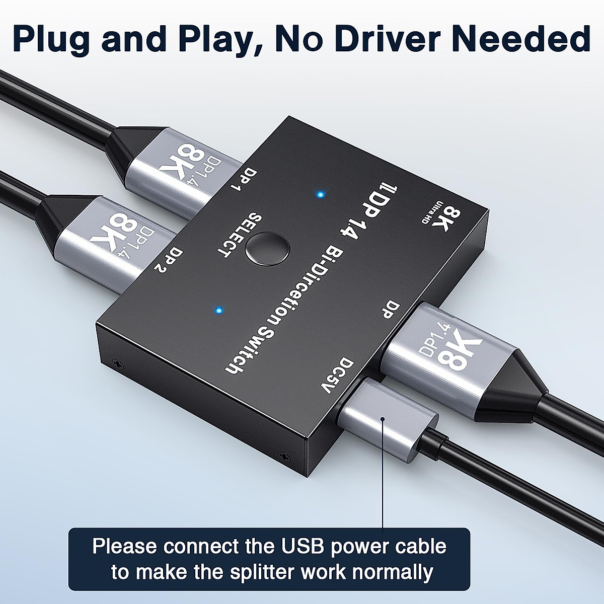 Displayport Switch Splitter Box, 8K Bi-Directional DP 1.4 Switch 2 in 1 Out/1 in 2 Out Selector Box for PC Host Monitor Laptop with 8K@30HZ 4K @120 HZ 2K @144HZ Display Port Video