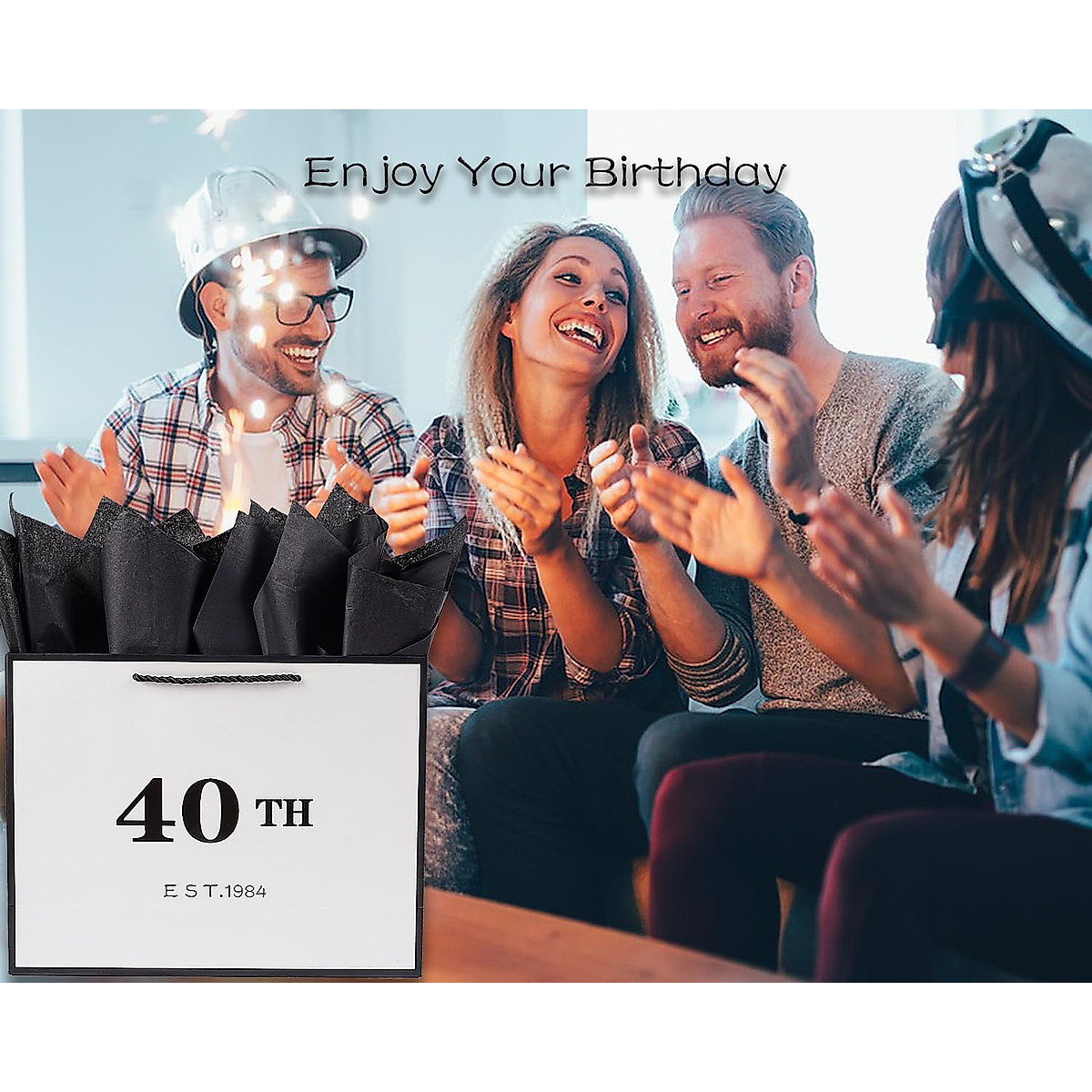 Jaywayang 40th Birthday White and Black Large Gift Bag with Card and Tissue Paper, Metallic Printing Keepsake Gift Vintage Bag for Men Women,