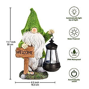 LNPNRENG Flocked Resin Gnome Garden Decoration Figures, Garden Gnomes for Outdoor Use with LED Solar Lantern, Waterproof, Funny, Welcome Gnome, Gift for Home, Yard, Lawn, Balcony Decoration 30 cm