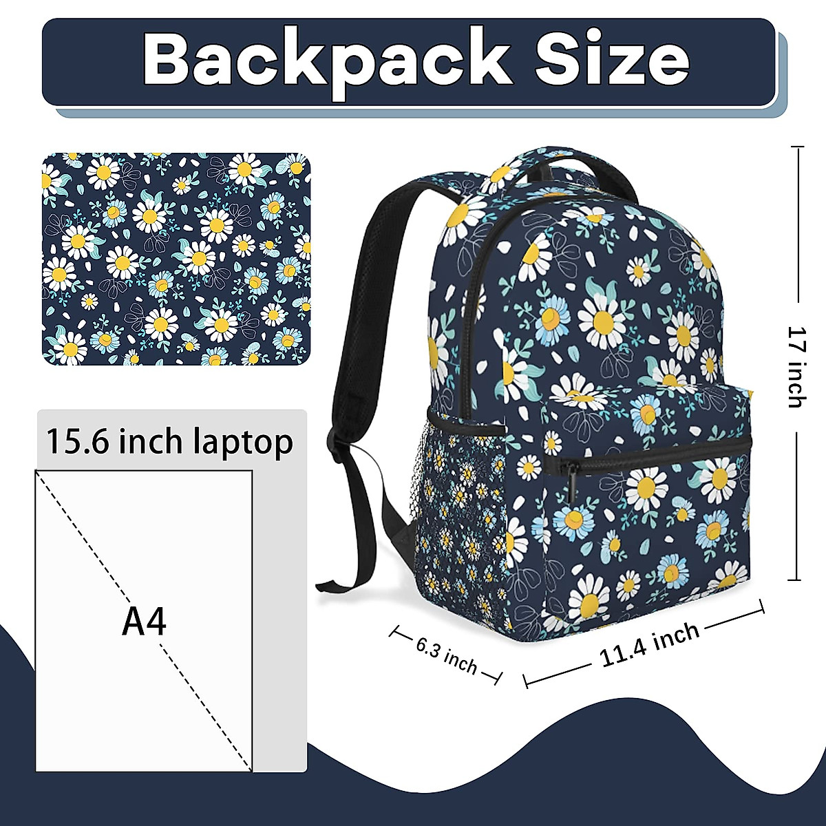 Junong 17 Inch Daisy Backpack for Women Fashion Laptop Flower Backpack Cute Travel Bag Women College Floral Backpack (Navy Blue)