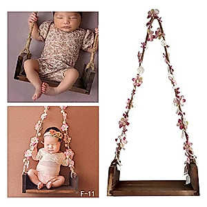 TOOYFUL Wooden Swings Seats for Newborn Boys Girls Photography Props, with Flower Ropes Hanging Swing Seat for Baby Memorable Photo Shooting-Coffee