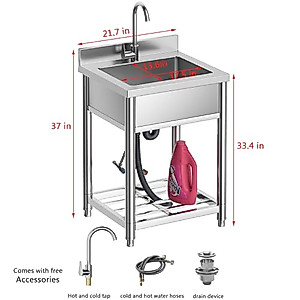 Stainless Steel Utility Sink, Free Standing Single Bowl Kitchen Sink with Cold and Hot Water Faucet, Commercial Sink for Restaurant Bar Cafe and Hotel, Indoor and Outdoor Sink, 21.7 in