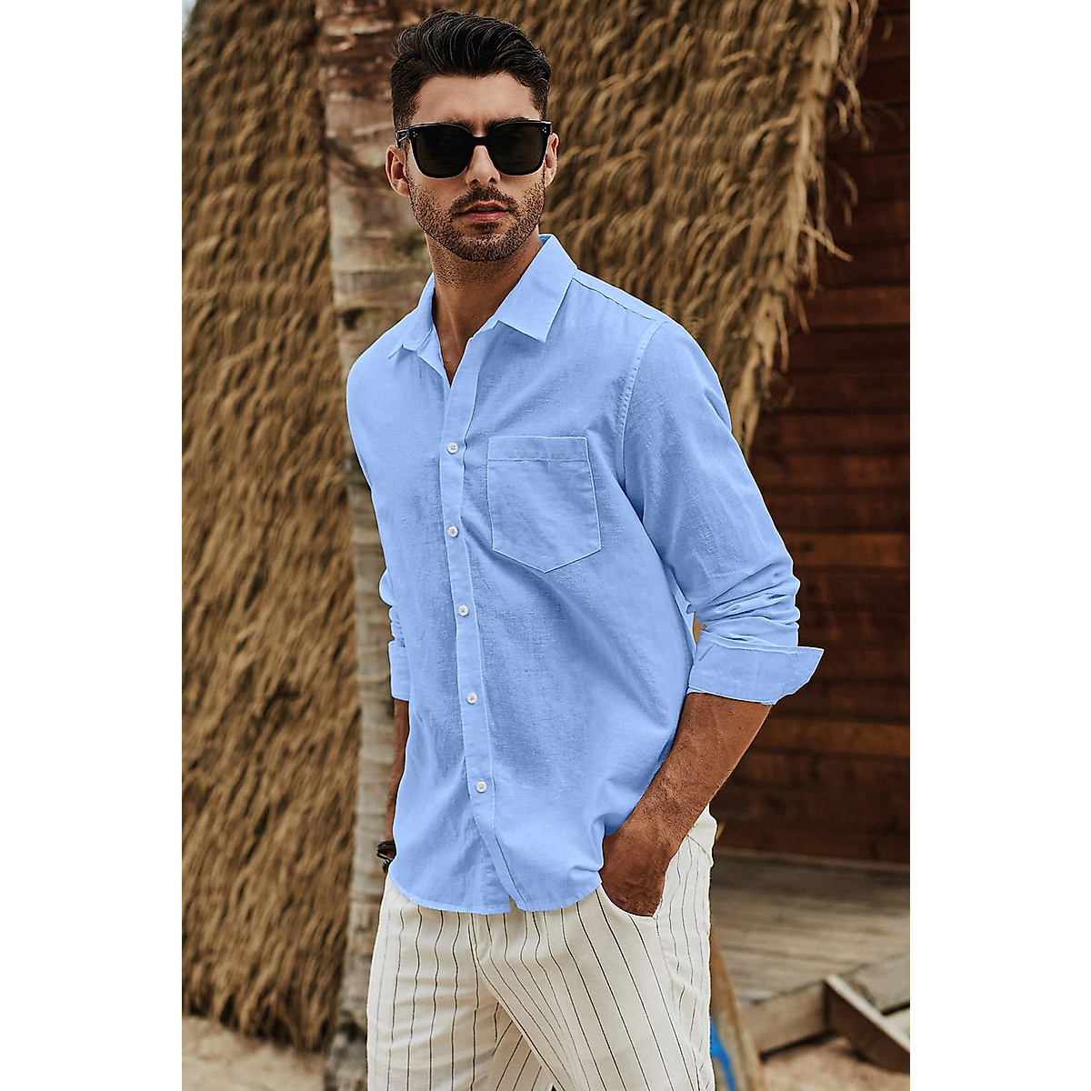 JMIERR Men's Cotton Linen Casual Stylish Button Down Shirt Long Sleeve Business Dress Shirts Fashion Summer Beach Shirts for Men Old Money Resort Wear with Pocket, US 43(L), Sky Blue
