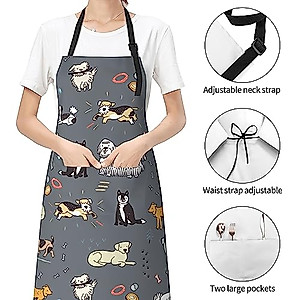 Perinsto Cute Dogs Animal (Dark Grey) Waterproof Apron With 2 Pockets Kitchen Chef Aprons Bibs For Cooking Baking Painting Gardening Grooming