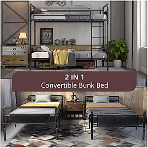 2 IN 1 Metal Bunk Bed Twin Over Twin, Convertible Twin Bunk Beds into 2 Individual Twin Size Bed for Kids Adults, 16.5" High Guard Rail,Space-Saving No Box Spring Needed Easy Assembly (Black)