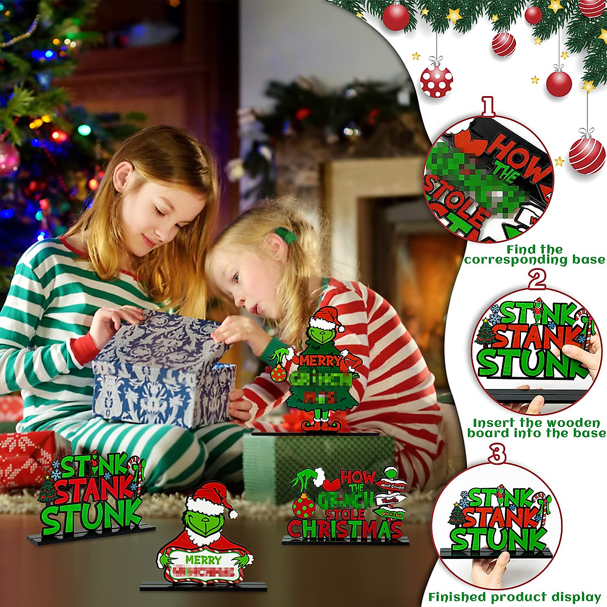 4Pcs Christmas Wooden Table Centerpieces Decoration Green Christmas Thief Wood Desktop Removable Decor Sign Merry Christmas Gnome Ornaments for Christmas Winter Theme Party Decor Table Tier Tray