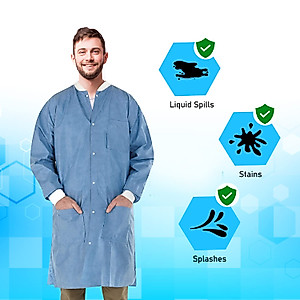 EOM Disposable Lab Coats - Lab Coats for Men and Women - Knee Length Lab Coat with Knit Cuffs and Collar - Medical Lab Jacket for Adults - Pack of 10, (Large Size)
