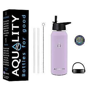 AQUALITY reusable water bottle with straw, insulated stainless steel, BPA free lids (Blushberry, 32 oz)