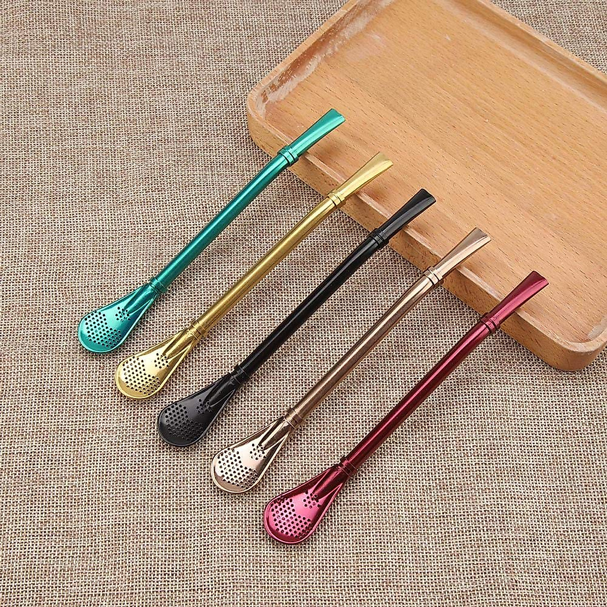 Multi function Drinking Straw, 4 in 1 Design Beverage Straw Tea Filter stirring rod and Fruit Spoon Made of 304 Stainless Steel Food Safety and Easy Maintain for Home Office Cafes Bar (Gold)