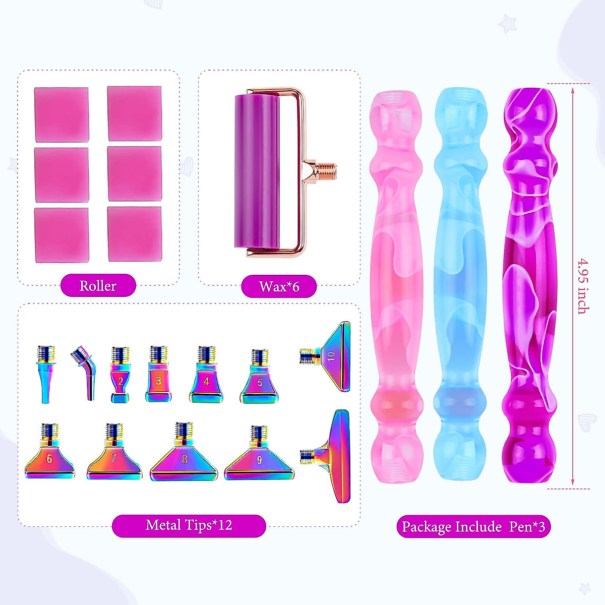 Ninonly 3Pcs Diamond Art Pen, Diamond Painting Pen Kits with 12 Colorful Metal Tips, 6 Painting Glue Clay, Roller, 5D Diamond Art Accessories and Tools for DIY Craft, Purple Pink Blue