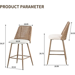 JALOURT Rattan Counter Height Bar Stools Set of 2, Modern Upholstered Bar Stools with Full PE Cane Back,26''Rattan Back Counter Stools with Solid Metal Legs for Kitchen Bar Island,Brown